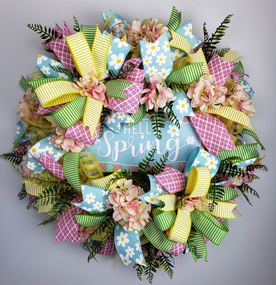 Hello Spring Wreath Spring Deco Mesh Wreath Spring Floral | Etsy