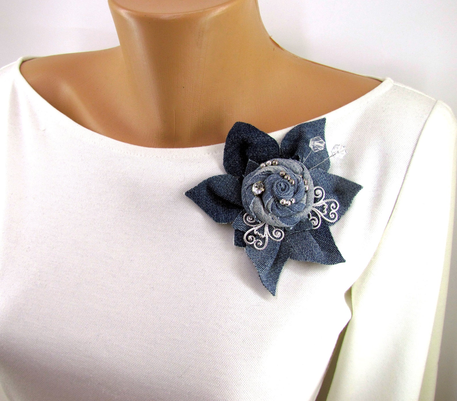 Denim brooch Jeans brooch Denim flower brooch denim and | Etsy