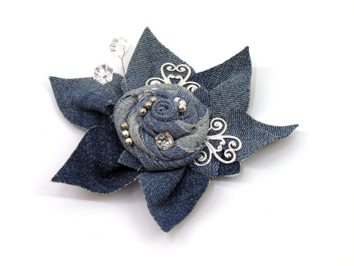 Denim brooch Jeans brooch Denim flower brooch denim and | Etsy