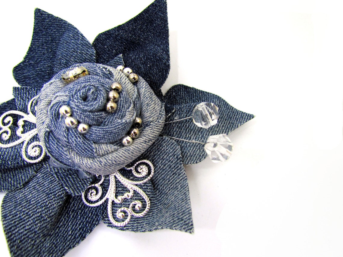 Denim brooch Jeans brooch Denim flower brooch denim and | Etsy
