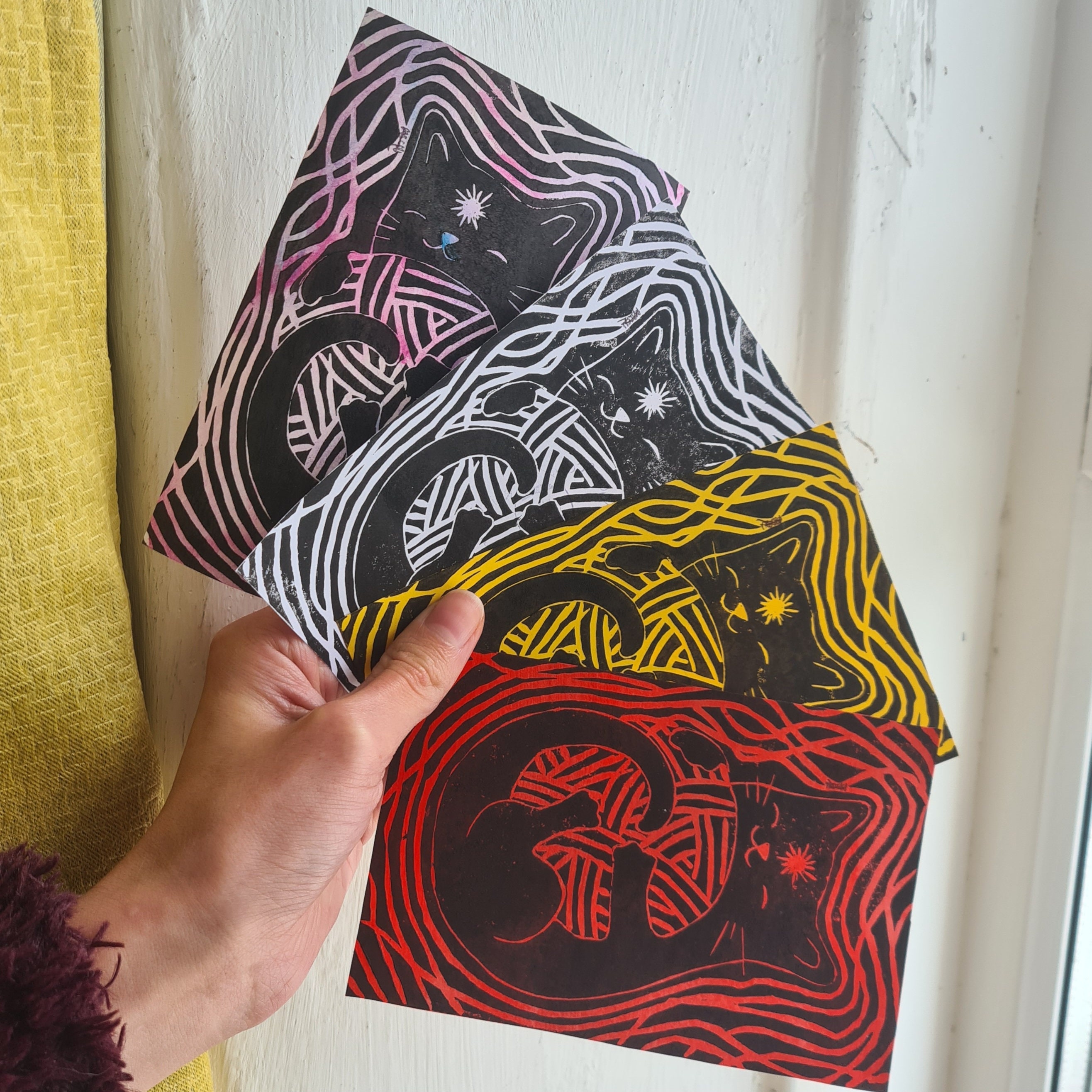 Cat Lino Print, Cat Print, Cute Cat Print, Black Cat Print, Cat Playing ...