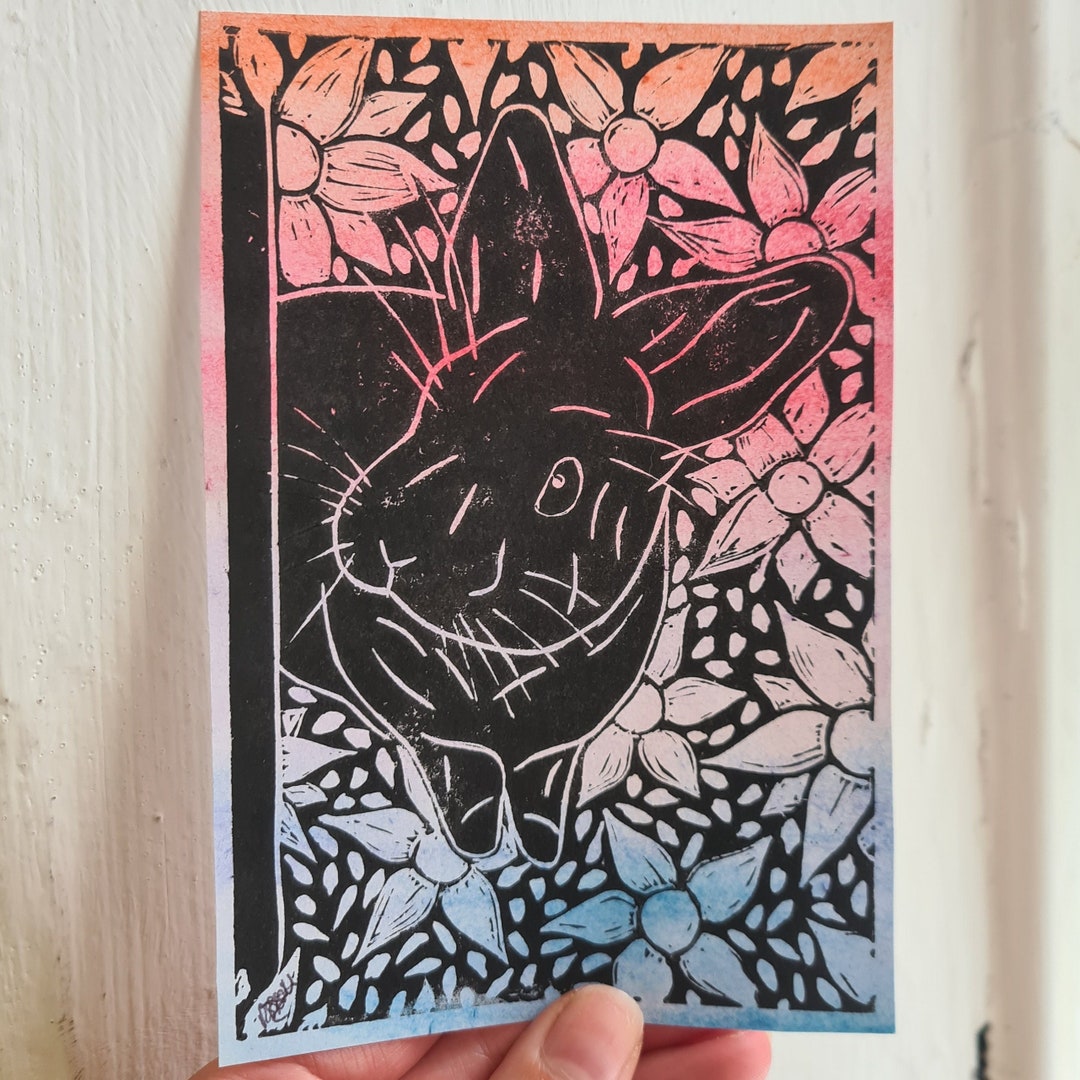 Rabbit Lino Print, Curious Rabbit Print, Rabbit Print, Rabbit Art, Cute ...