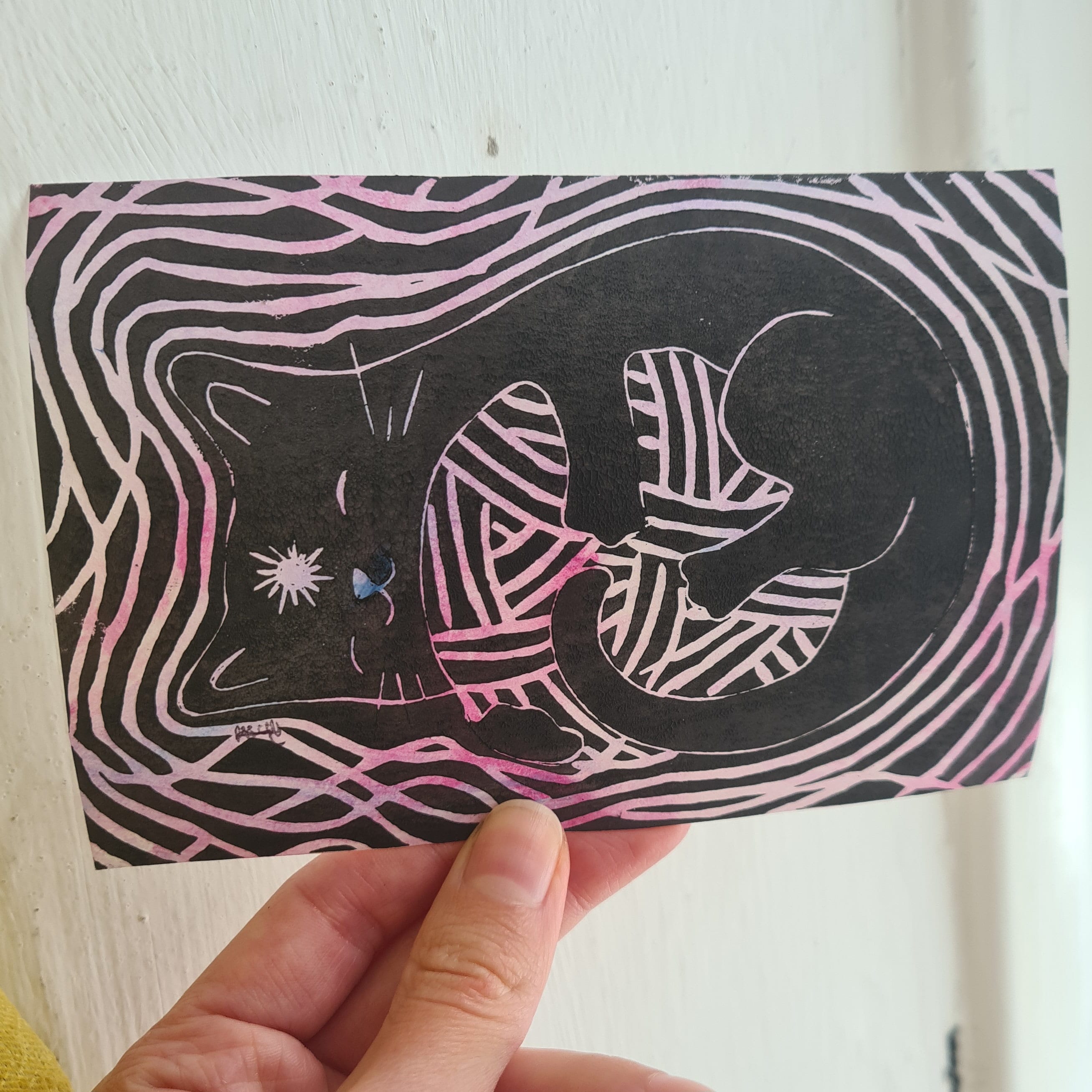 Cat Lino Print, Cat Print, Cute Cat Print, Black Cat Print, Cat Playing ...