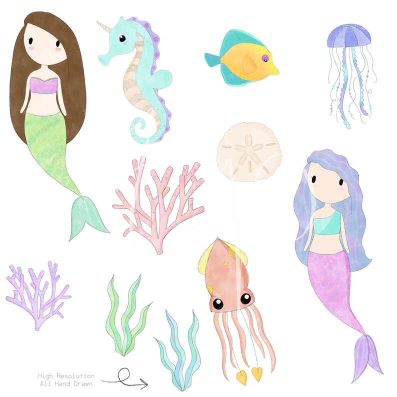 Mermaids and Friends Clipart / Hand Drawn Clipart / Sea - Etsy