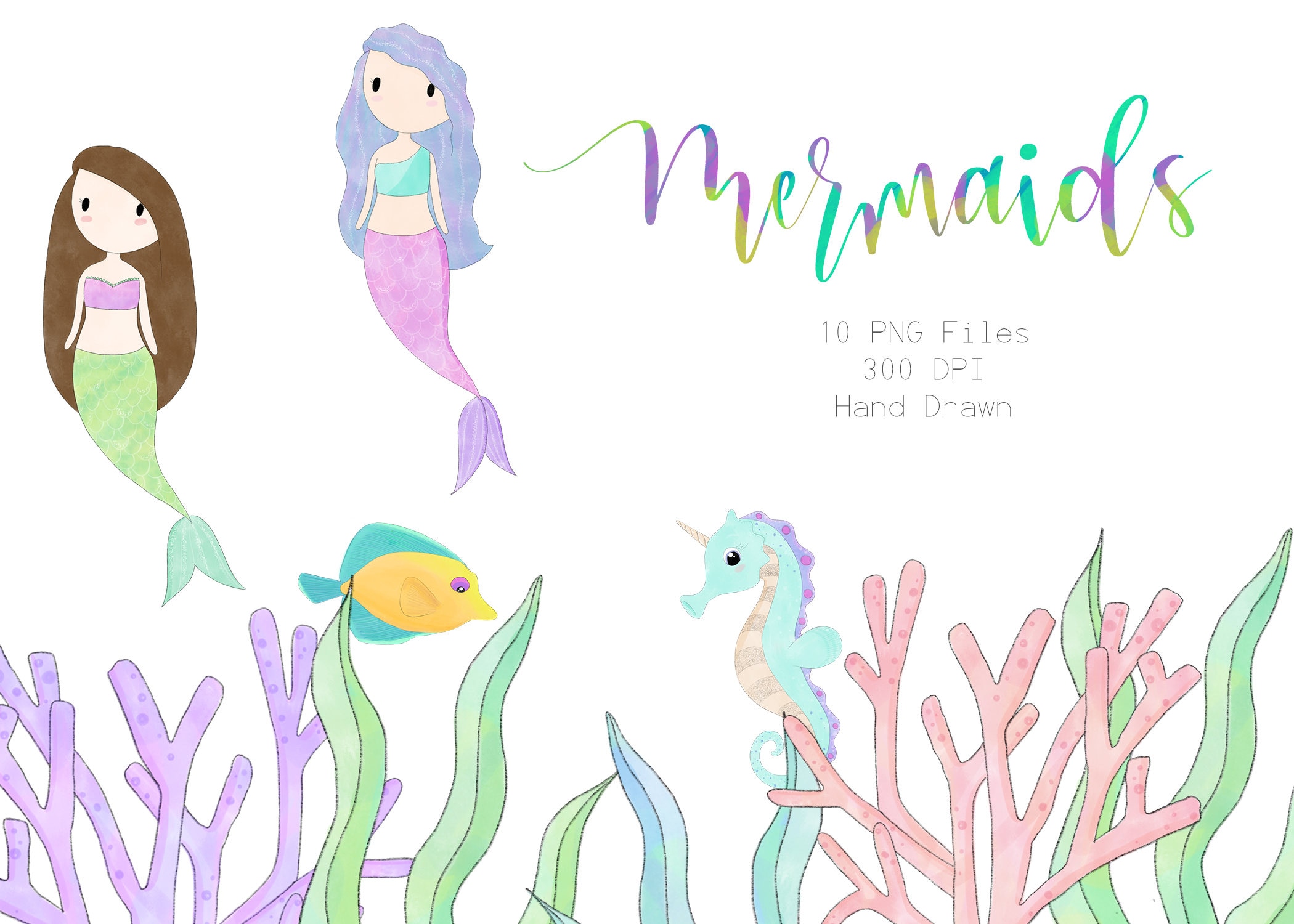 Mermaids and Friends Clipart / Hand Drawn Clipart / Sea Creature ...