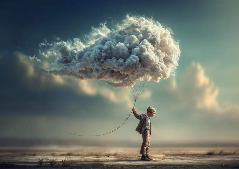Boy Pulling a Cloud Behind Him, Rain, Weather, Sky, Wall Decor Poster ...