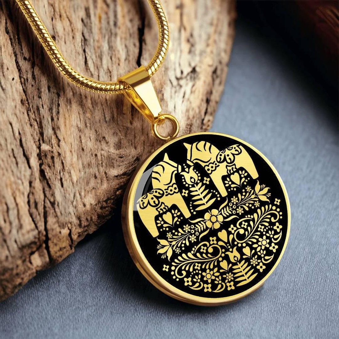 Dala Horse Necklace Swedish Jewelry Rosemaling Pendant Gold Silver ...