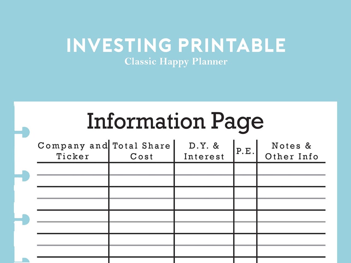 Investing Printable Information Page - Classic Happy Planner Beginner ...