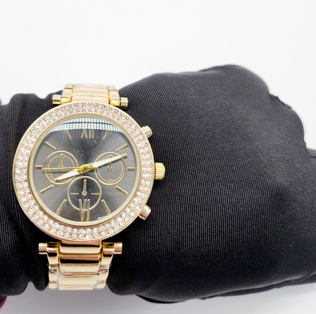 14K Gold Finish Icy Watch Designer's With Shinny Clarity Crystals Bling ...