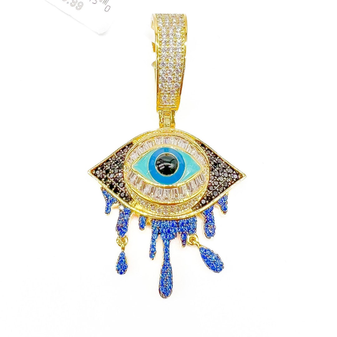 Iced Crying Evil Eye Pendant: 925 Silver, 14K Gold Finish, Cubic ...