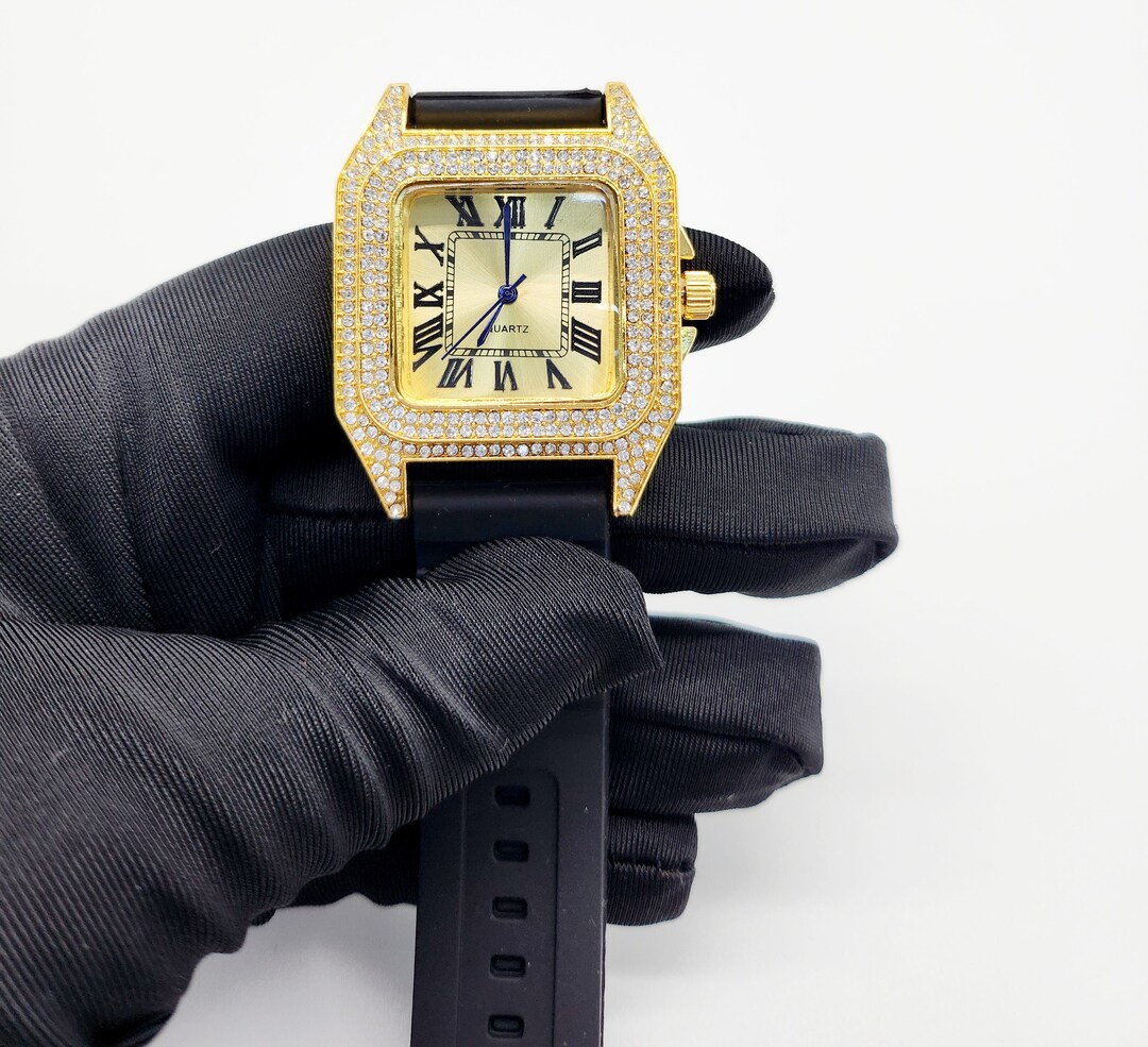 14K Gold Finish Icy Watch Designer's With Shinny Clarity Crystals Bling ...