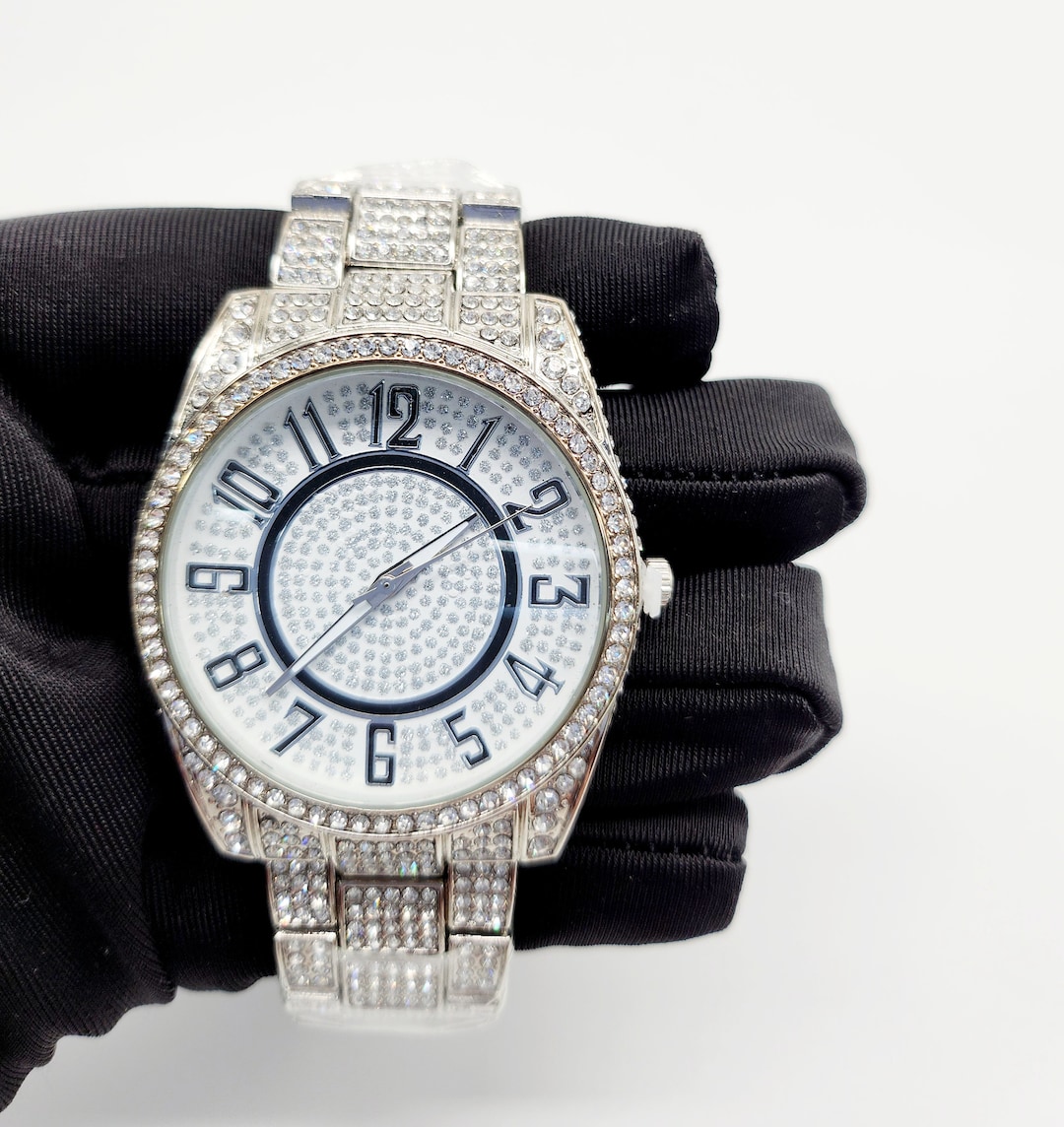 14K White Gold Finish Icy Watch Designer's With Shinny Clarity Crystals ...