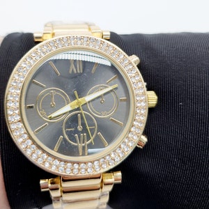 14K Gold Finish Icy Watch Designer's With Shinny Clarity Crystals Bling ...