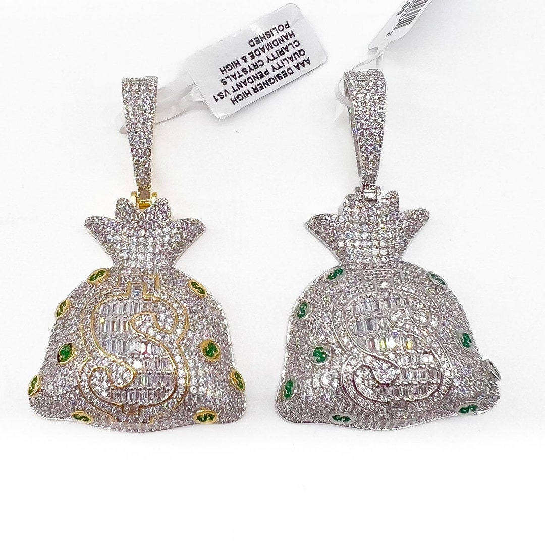 Icy Money Bag Pendant 14K Gold Finish VVS1 Baguettes and CZ Crystals ...