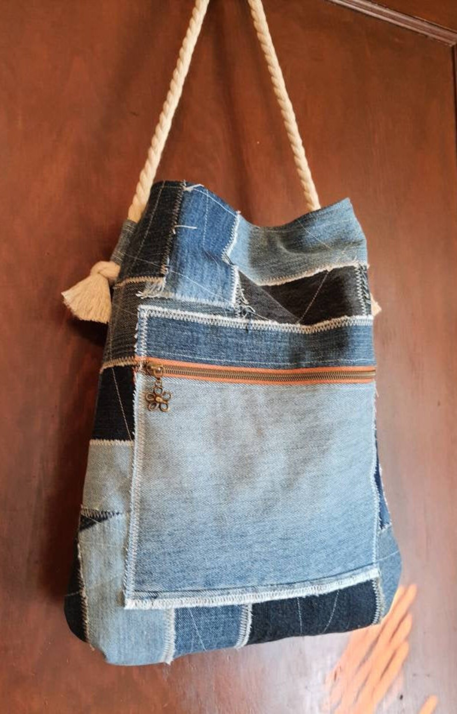 Patchwork Denim Shoulder Bag Rope Strap Denim Summer Bag Medium Size ...