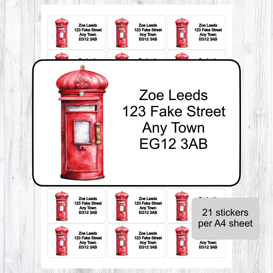 Red Post Box Scene, Personalised Address Labels for Letters and Parcels ...