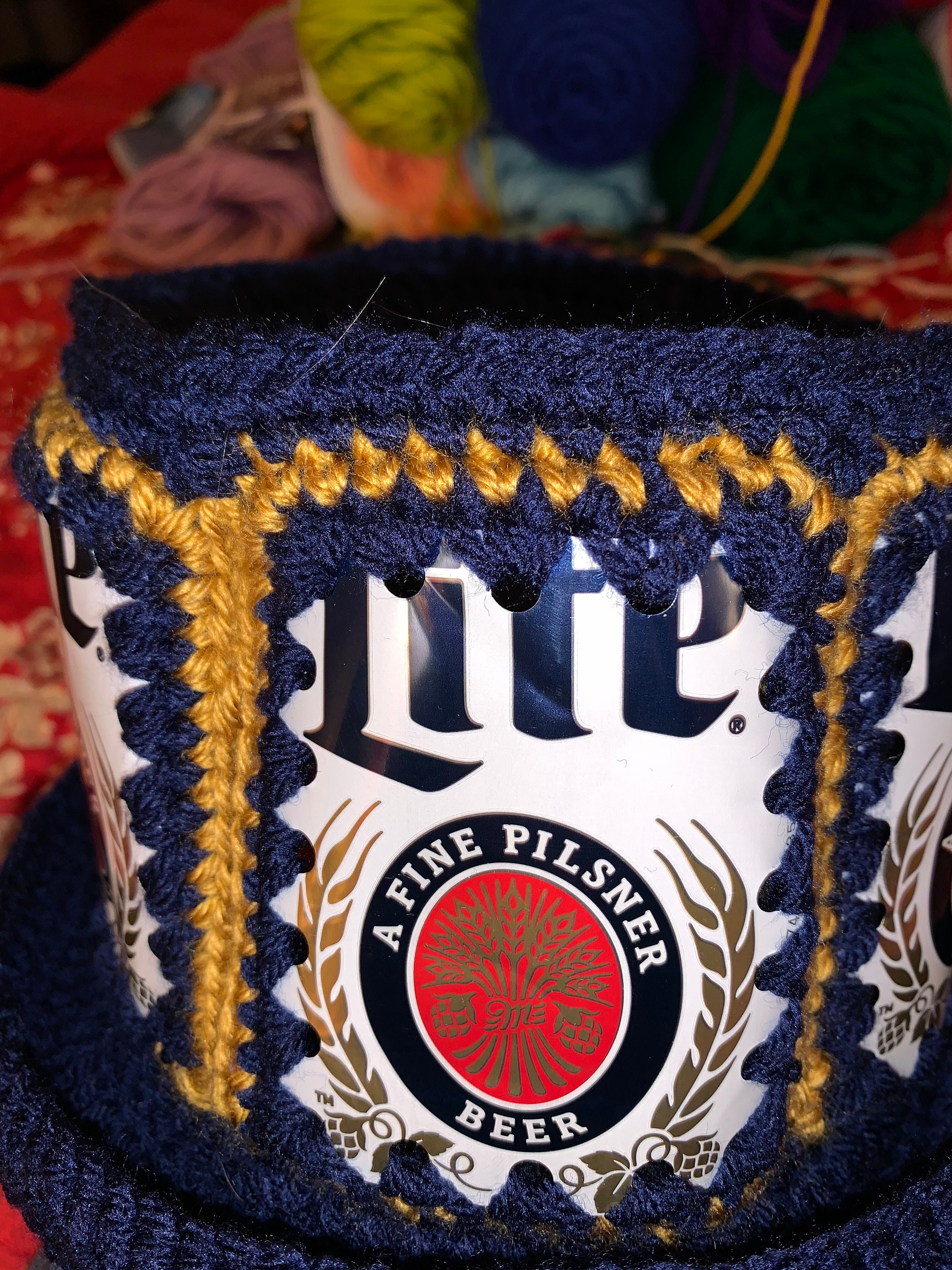Retro Crochet Beer Can Hat Blue, and Gold - Etsy