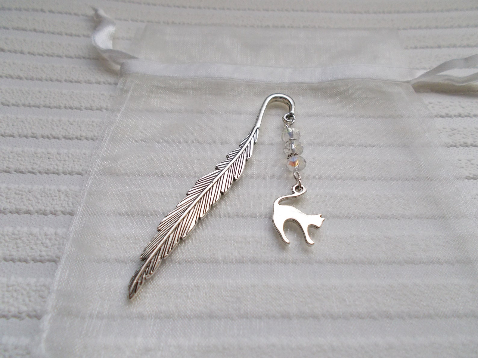 Cat Bookmark Silver Bookmark With Beads and Charm Cat Gift - Etsy