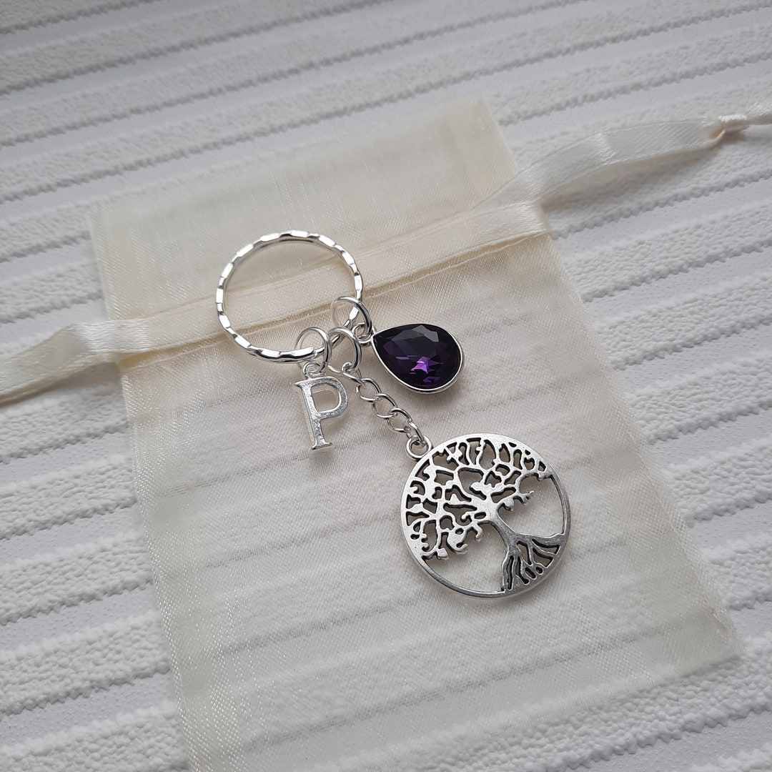 Tree of Life Keyring With Initial and Birthstone Charms, Personalised ...