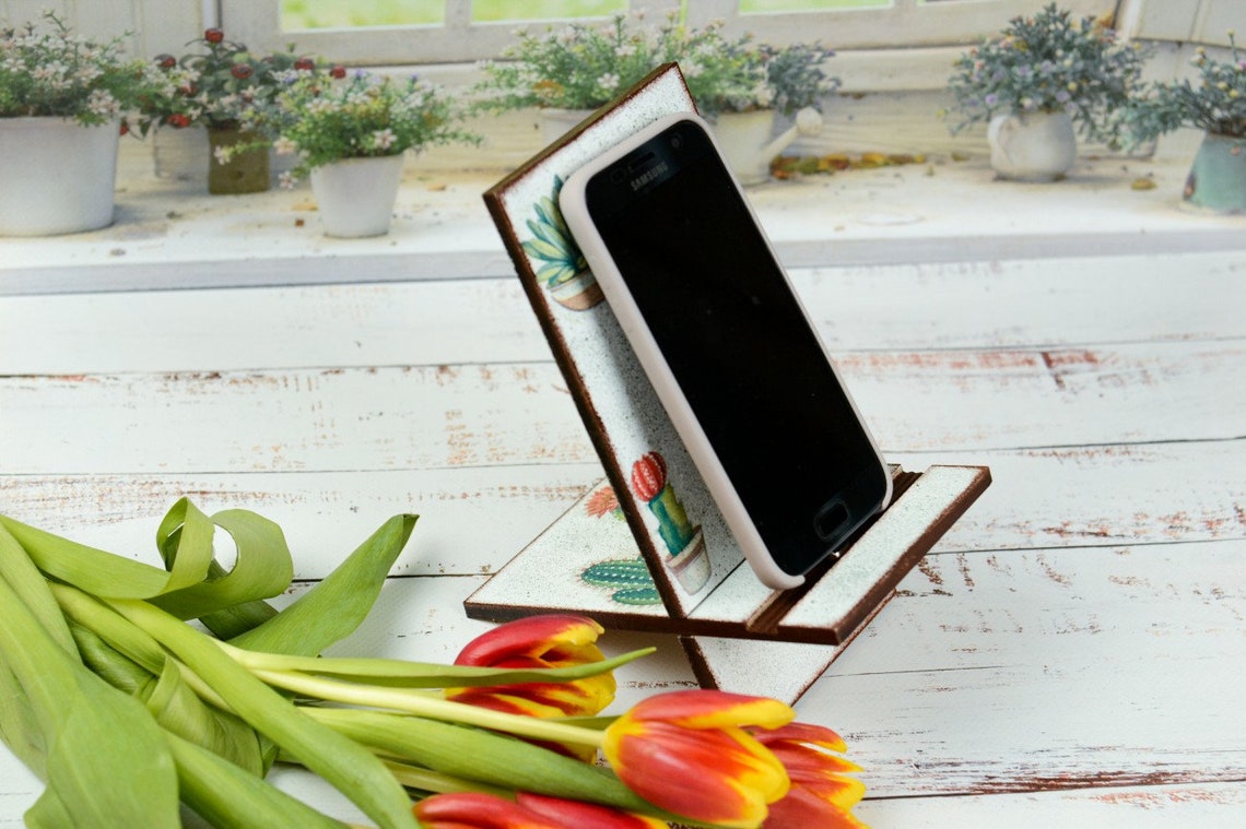 Wooden Cell Phone Stand Decoupage Diy Kit Cactus Decor Phone | Etsy