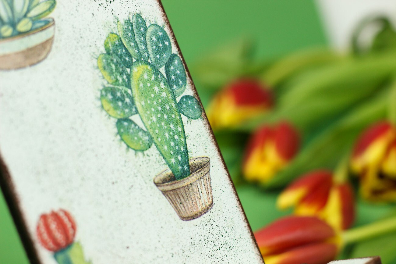 Wooden Cell Phone Stand Decoupage Diy Kit Cactus Decor Phone | Etsy