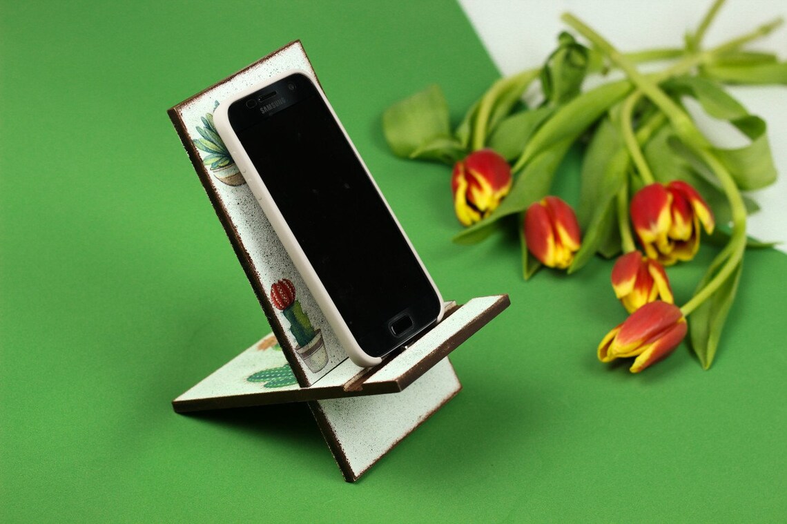 Wooden Cell Phone Stand Decoupage Diy Kit Cactus Decor Phone | Etsy