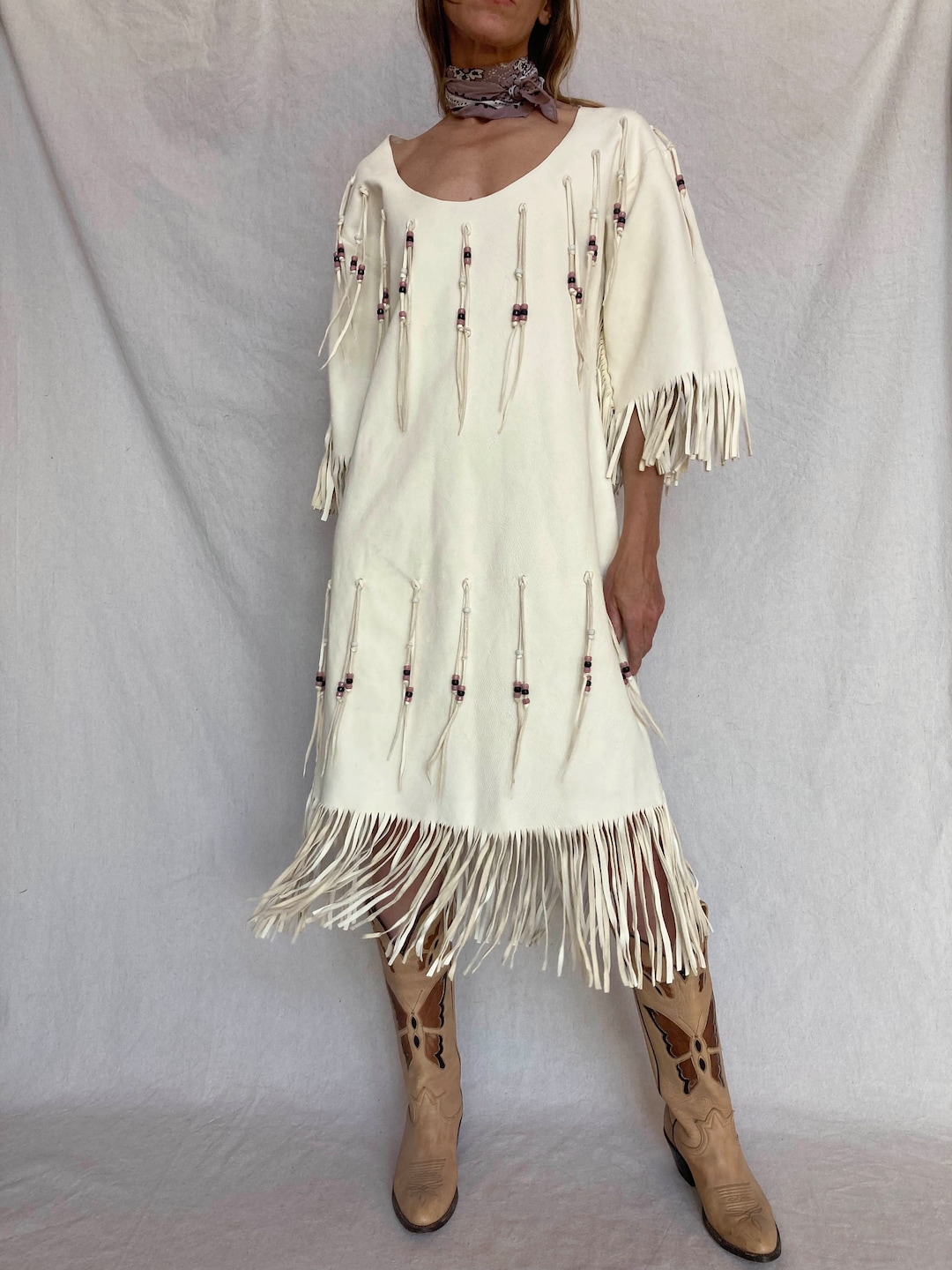 White Buckskin Beaded Fringe Dress Native American Pow Wow Powwow Suede ...