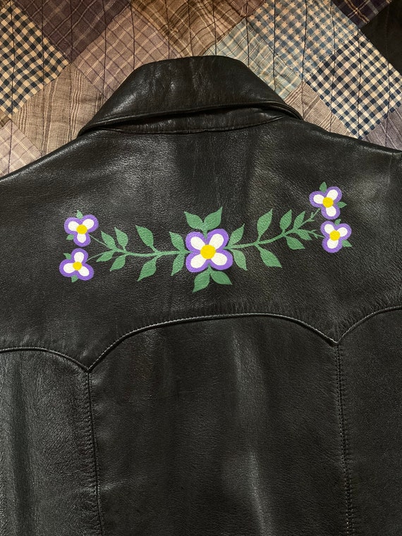 1970s Hand Painted Folk Floral Leather Jacket Concho … - Gem