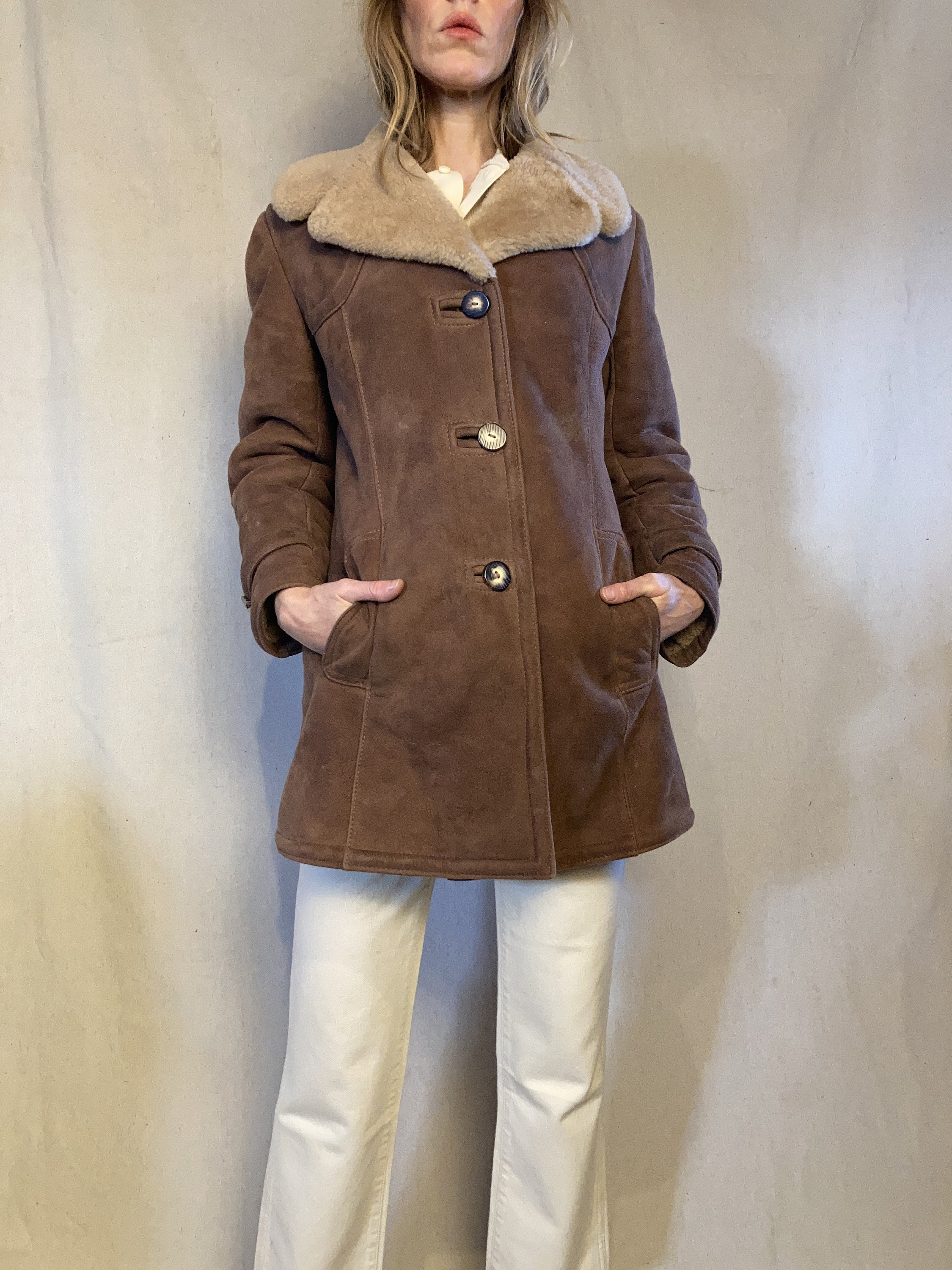 70s Real Sheepskin Shearling Coat Suede Sherpa Lined Jacket Sheep Wool ...