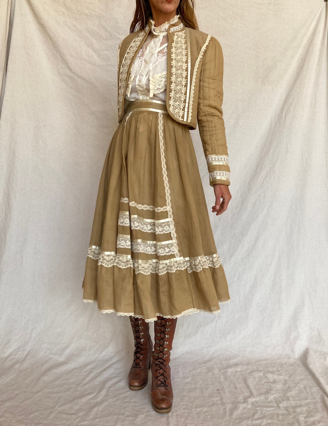 70s GUNNE SAX 2 Piece Quilted Jacket and Skirt Set Lace Ruffle Prairie ...