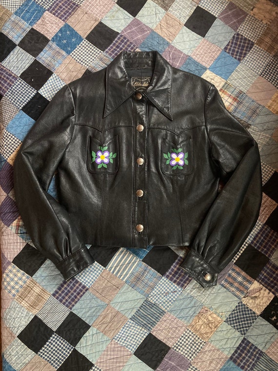 1970s Hand Painted Folk Floral Leather Jacket Concho … - Gem