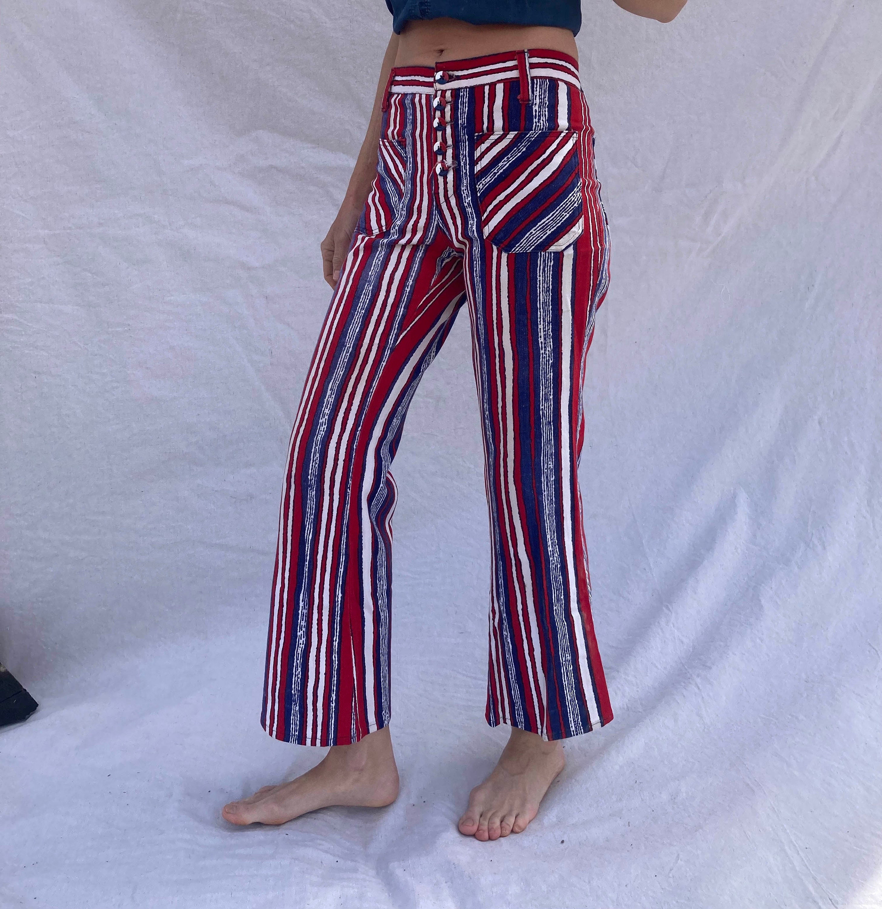 60s Striped Bell Bottoms Crop Kick Flare Bellbottom Pants Patriotic 4th ...