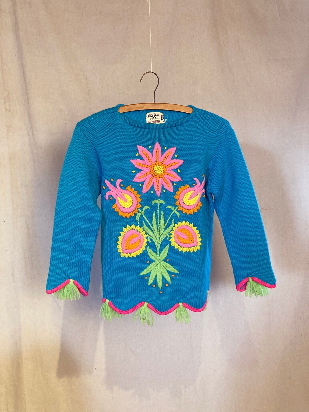 60s Folk Embroidered Psychedelic Wool Sweater Floral Fringe Tassel ...
