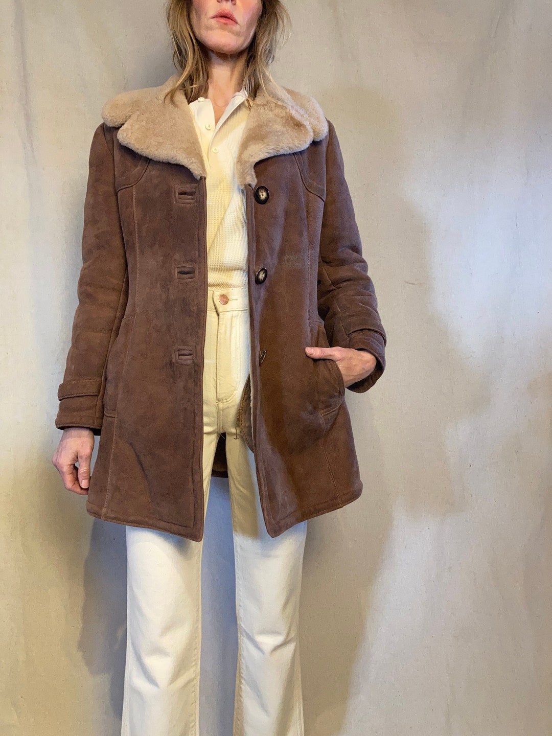 70s Real Sheepskin Shearling Coat Suede Sherpa Lined Jacket Sheep Wool ...