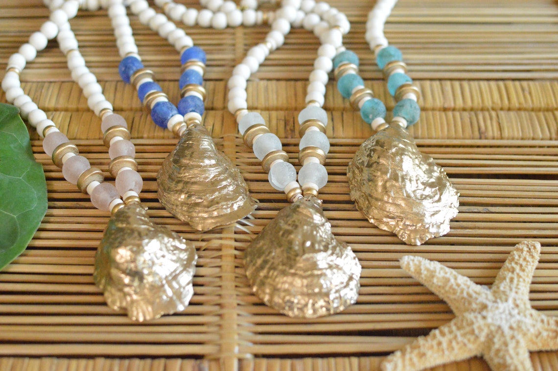 Blue, Pink, Green, Aqua, and Gold Oyster Shell Necklace, Seashell ...