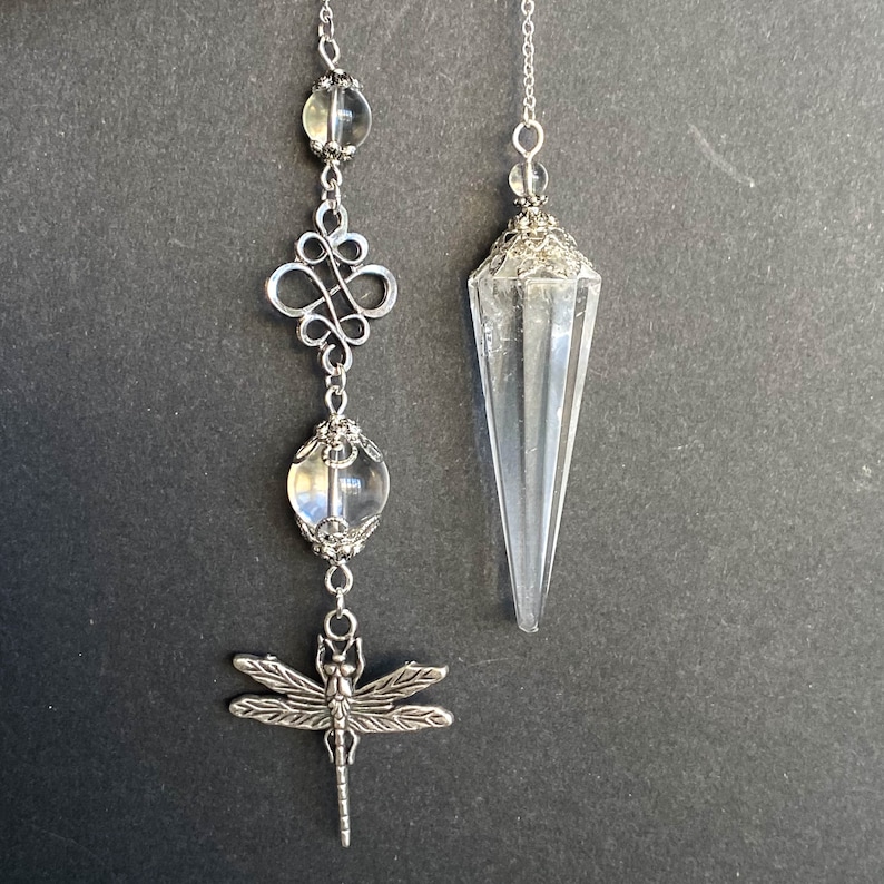 Clear Quartz Dragonfly Pendulum, Handmade Beaded Crystal Pendulum Point ...