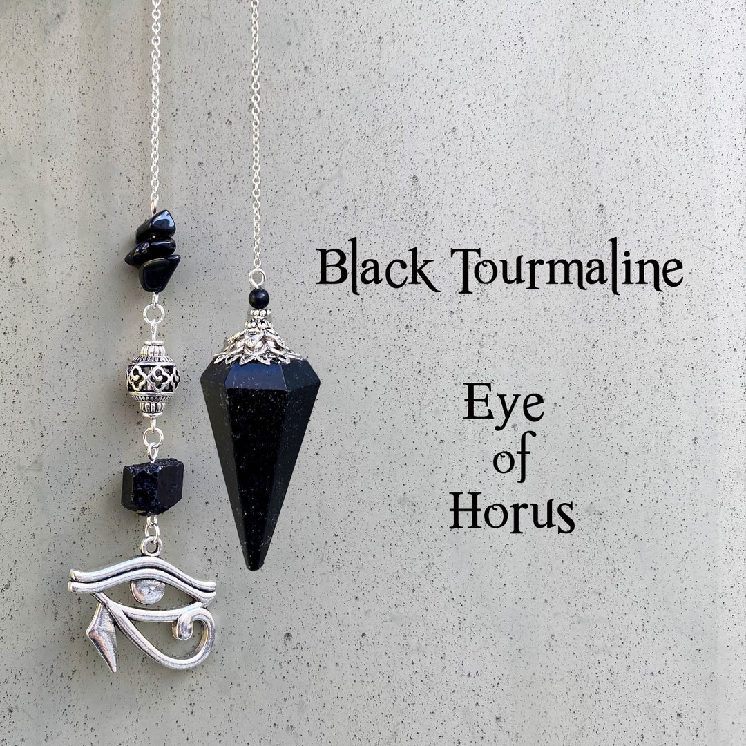Large Black Tourmaline Eye of Horus Pendulum, Protection, Health, Beaded Crystal Divination ...