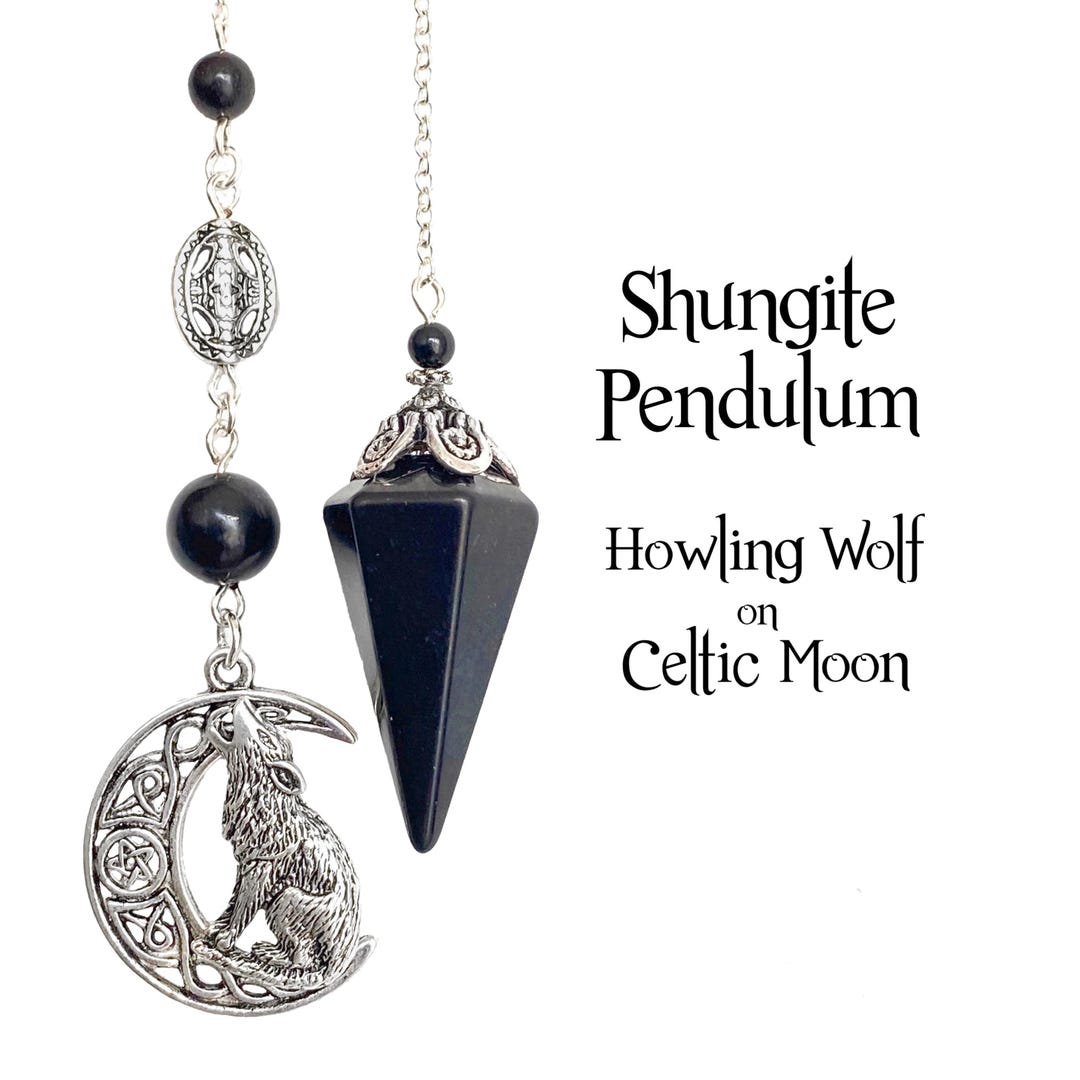 Shungite Pendulum, Howling Wolf on Celtic Moon, EMF Protection, Beaded ...