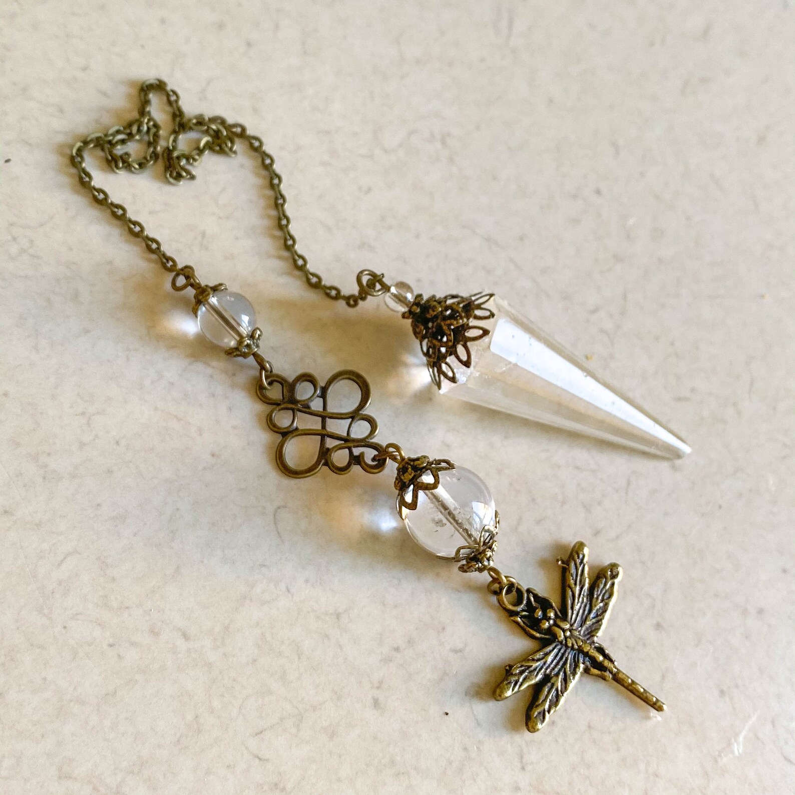 Clear Quartz Dragonfly Pendulum, Handmade Beaded Crystal Pendulum Point ...