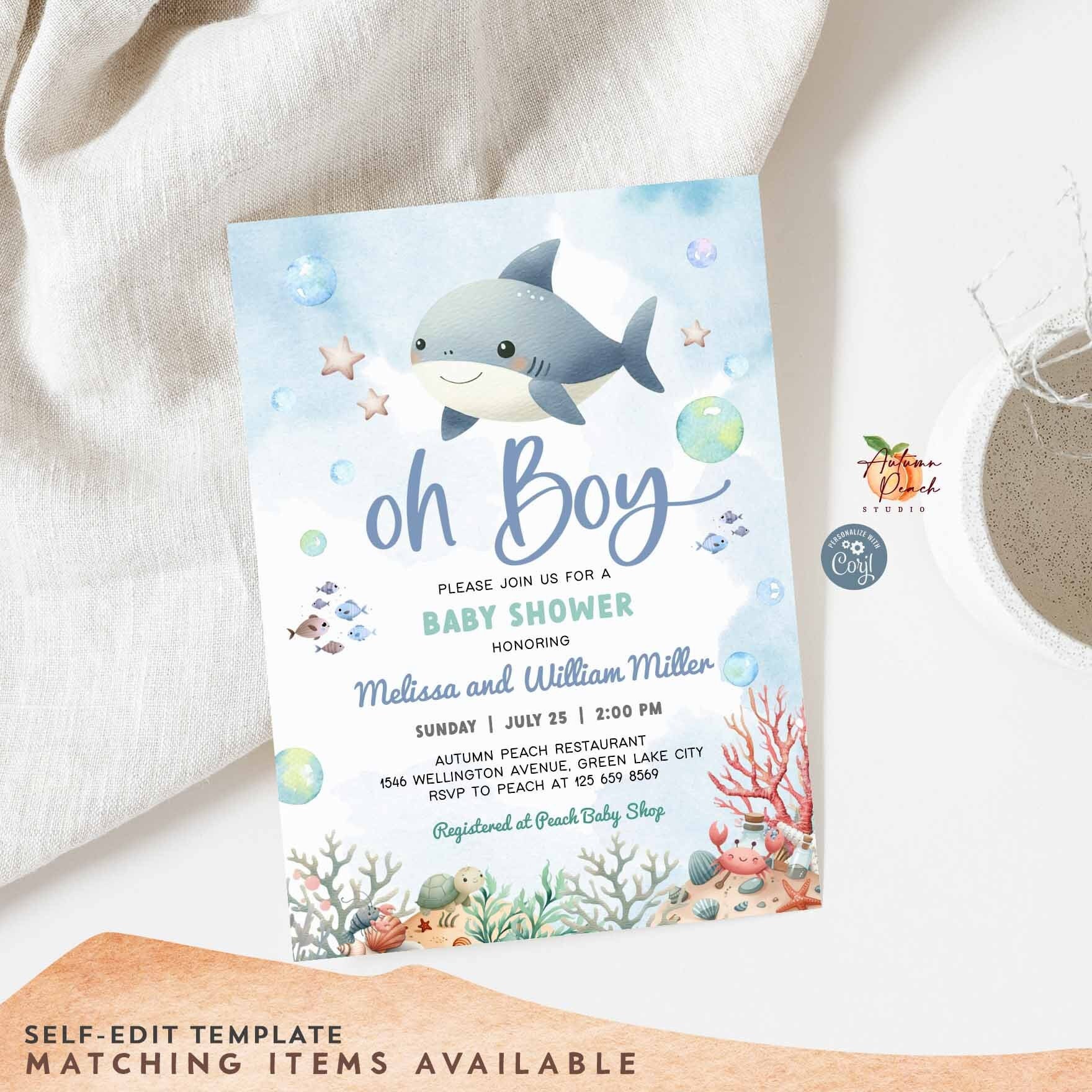 Editable Oh Boy Baby Shower Under the Sea Sea Animals Baby Shark Blue ...