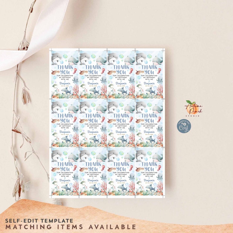 Editable Under the Sea Birthday Sea Animals Whale Dolphin Narwhal Thank ...