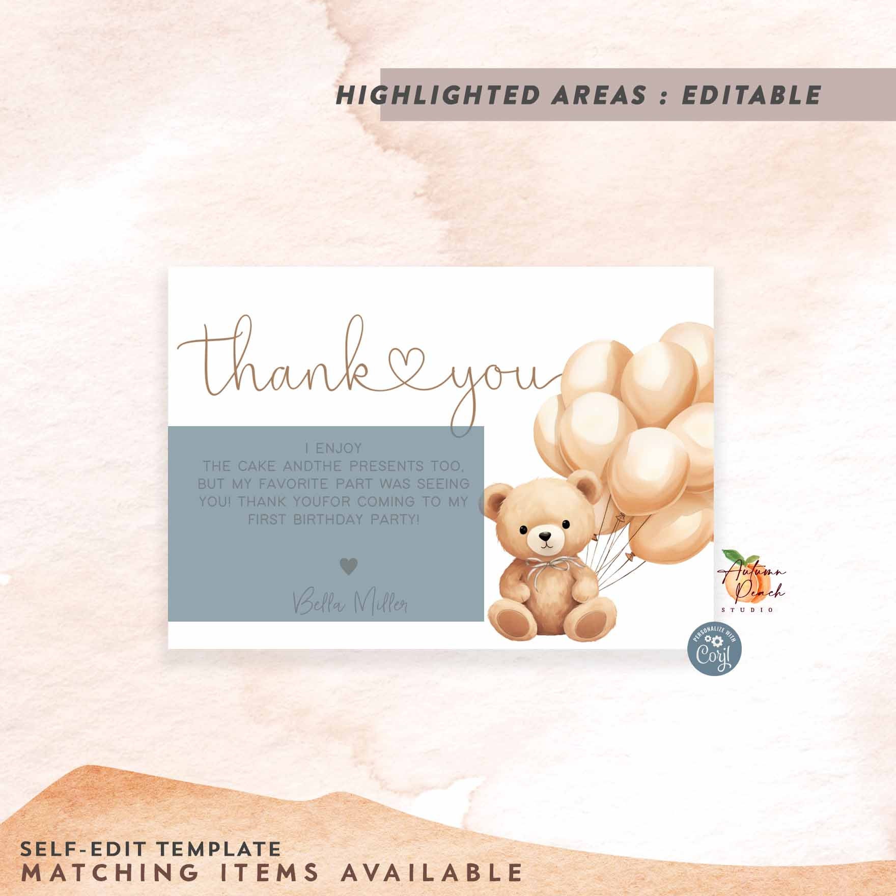 Editable Teddy Bear Balloon Beige Cream Thank You Flat Card Birthday ...