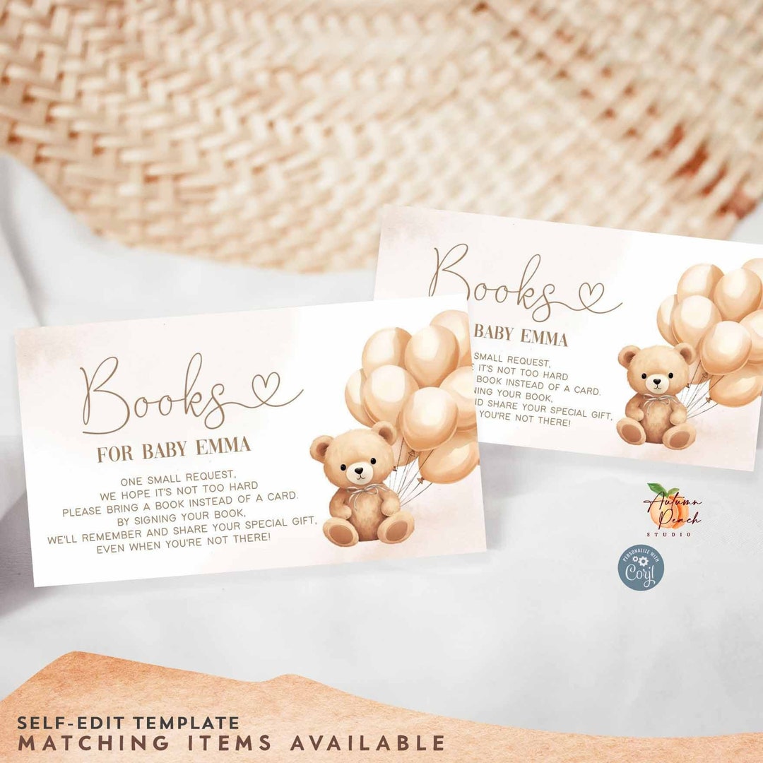 Editable Teddy Bear Balloon Beige Cream Books Insert Card Books for ...