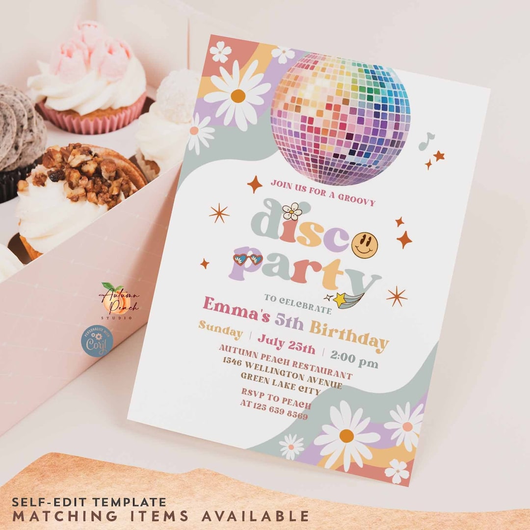 Editable Groovy Cute Disco Party Rainbow Daisy Disco Ball Birthday ...