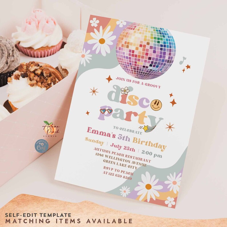 Editable Groovy Cute Disco Party Rainbow Daisy Disco Ball Birthday ...
