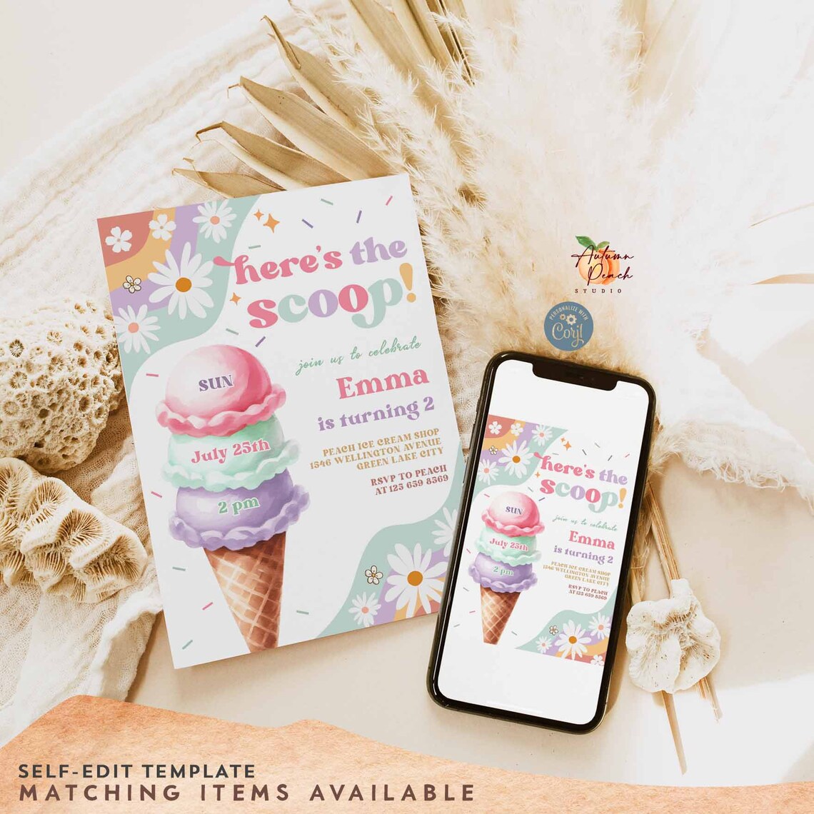 Editable Heres the Scoop Rainbow Groovy Boho Daisy Ice Cream Girl ...