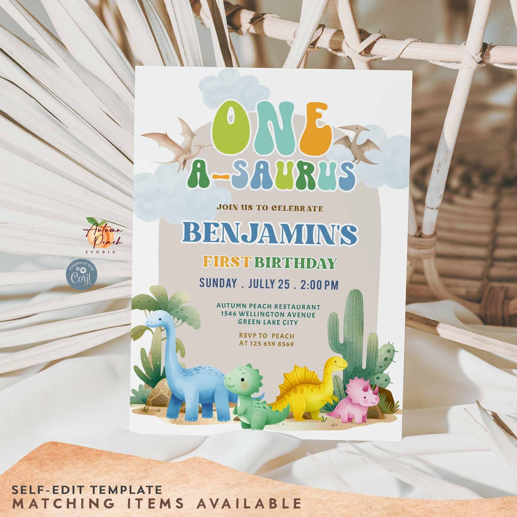 Editable First Birthday ONE A-saurus 1st Birthday Invitation Dino ...