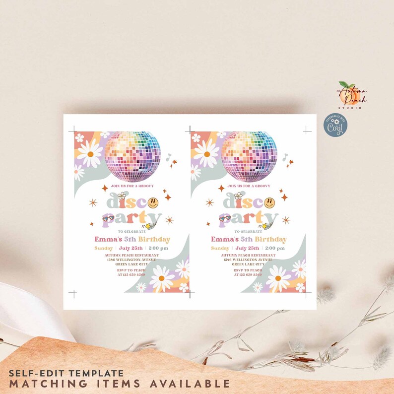 Editable Groovy Cute Disco Party Rainbow Daisy Disco Ball Birthday ...
