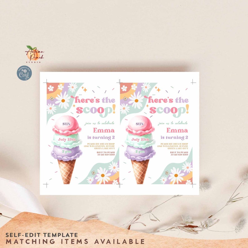 Editable Heres the Scoop Rainbow Groovy Boho Daisy Ice Cream Girl ...