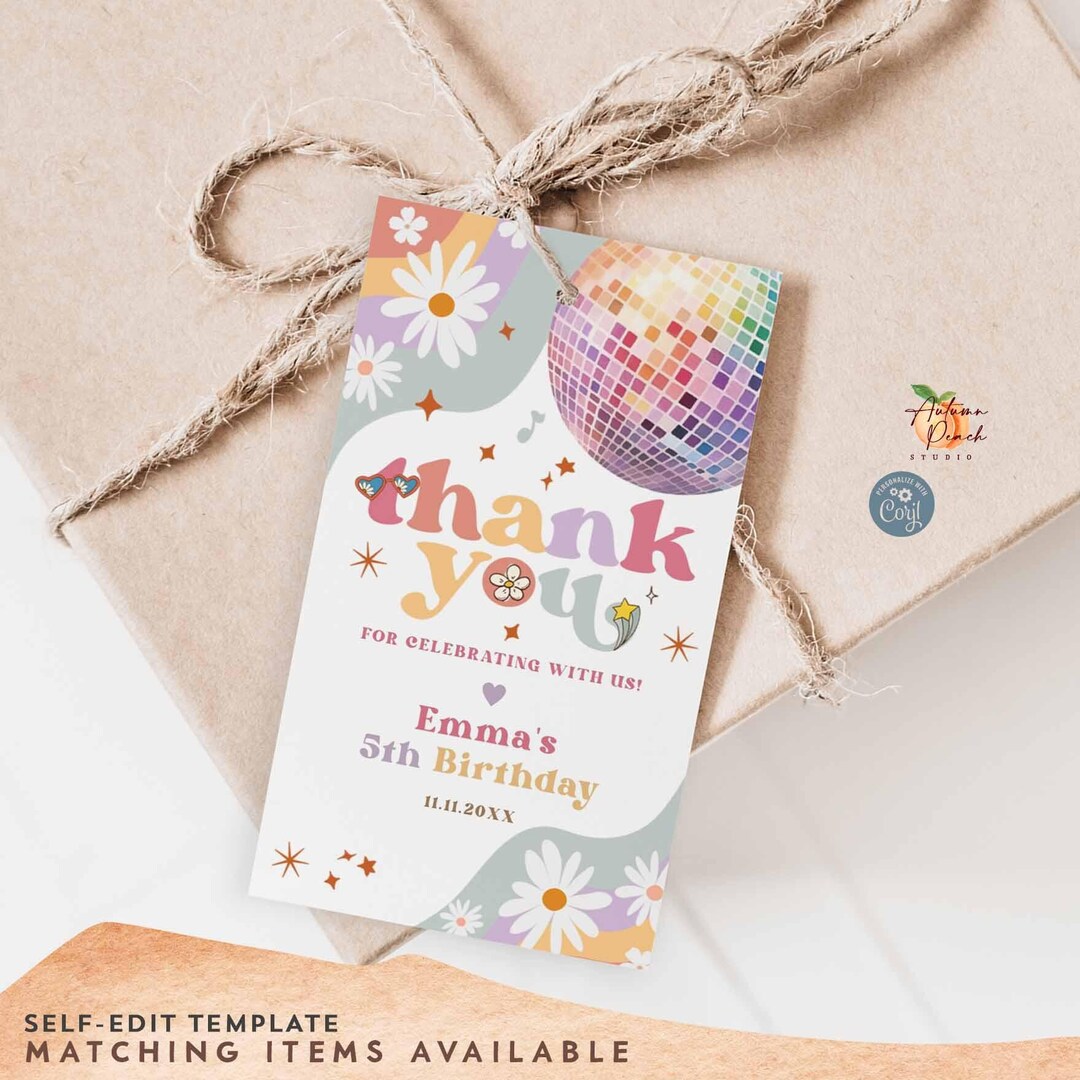 Editable Groovy Cute Disco Party Rainbow Daisy Disco Ball Thank You ...